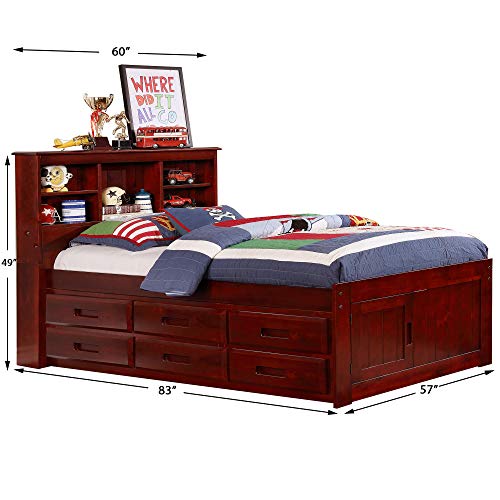 Discovery World Furniture Bookcase Captains Bed with 6 Drawers, Full, Merlot