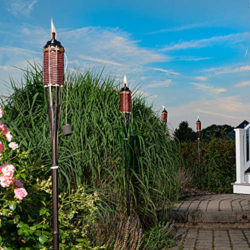 Backyadda Bamboo Tiki Torches for Outside with Extra-Large (16oz) Metal Canisters and Fiberglass Wicks for Longer Lasting Burn. Stands 59" Tall. Multiple Styles Available. (Burnt Sienna, 6 Pack)