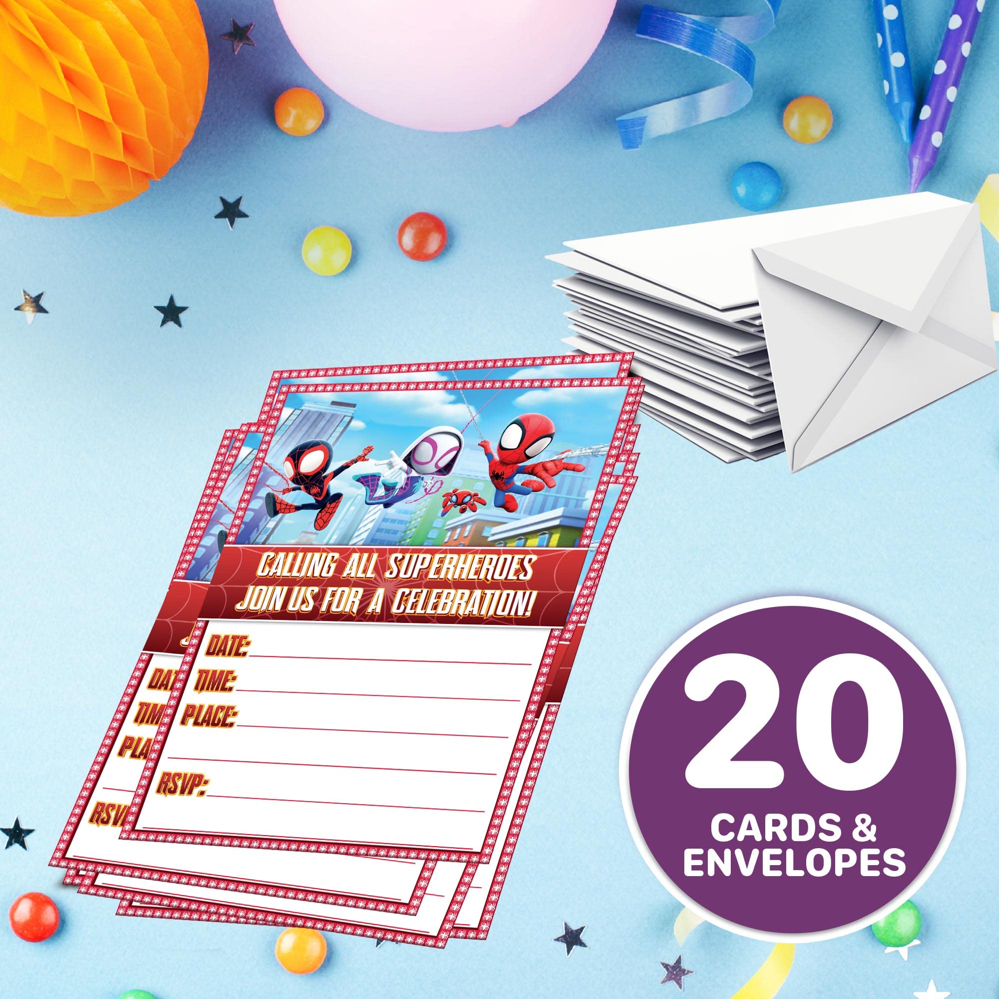 Set of 20 Spidey -Themed Happy Birthday Invitation Cards & Envelopes - Lightweight (240g), Postcard Style Invites for the Perfect Party Pack