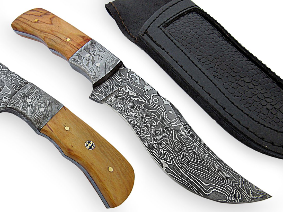 AishaTech Spiller Fixed Blade Hunting Knife Damascus Steel Blade Wood Handle