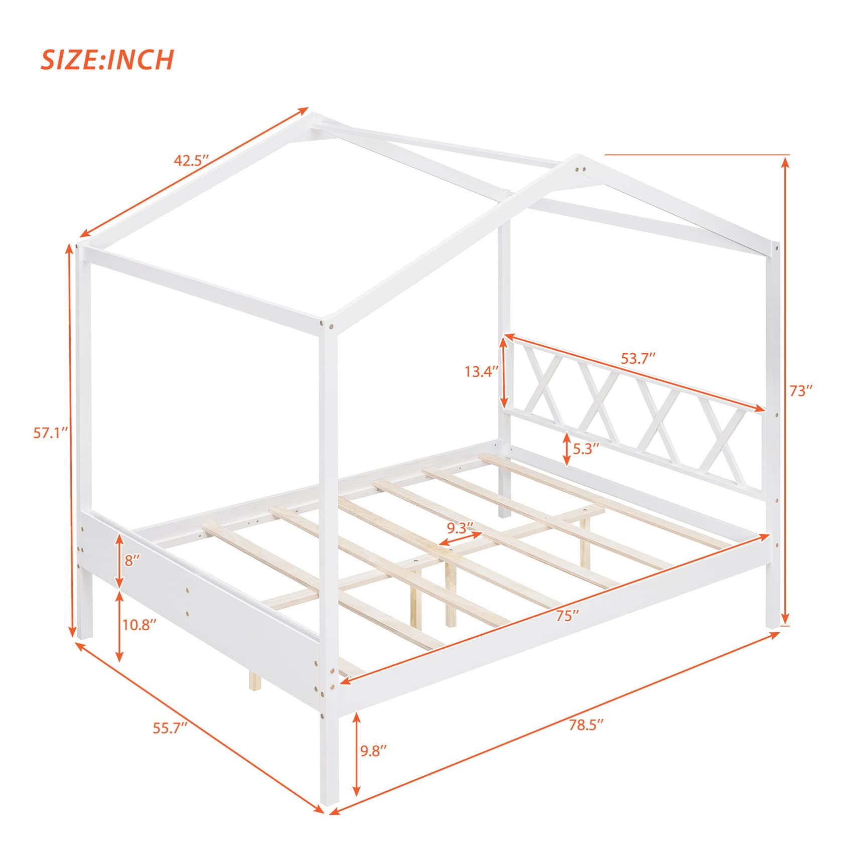 Full House Bed for Kids Montessori Bed with Headboard and Storage Footboard Wood Platform Bed Frame White House Beds for Girls Boys Teens Adults, Full Size, White