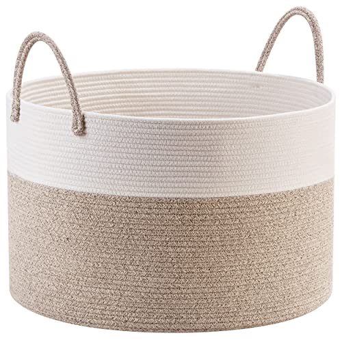 MINTWOOD Design Extra Large 22 x 14 Inches Cotton Rope Blanket Basket Living Room, Woven Laundry Basket, Toy Storage Baskets Bin, Decorative Round Pillow Towel Basket with Handles