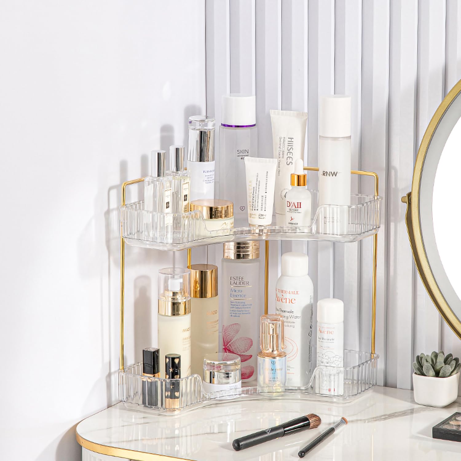 Corner Bathroom Counter Organizer, 2 Tiers Countertop Shelf Makeup Organizer Perfume Tray Vanity Organizer, Makeup Cosmetic Storage, Corner Storage Organizers for Bathroom, Dresser, Kitchen (White)
