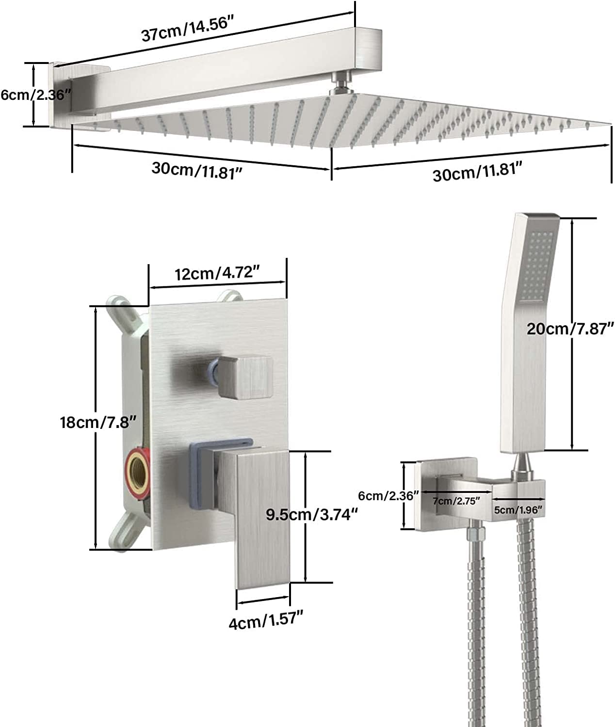 Ackwave Shower Faucet Set Brushed Nickel Shower System with 12 Inches Rain Shower Head and Handheld Sprayer Wall Mounted Shower Fixture Set with Brass Shower Valve