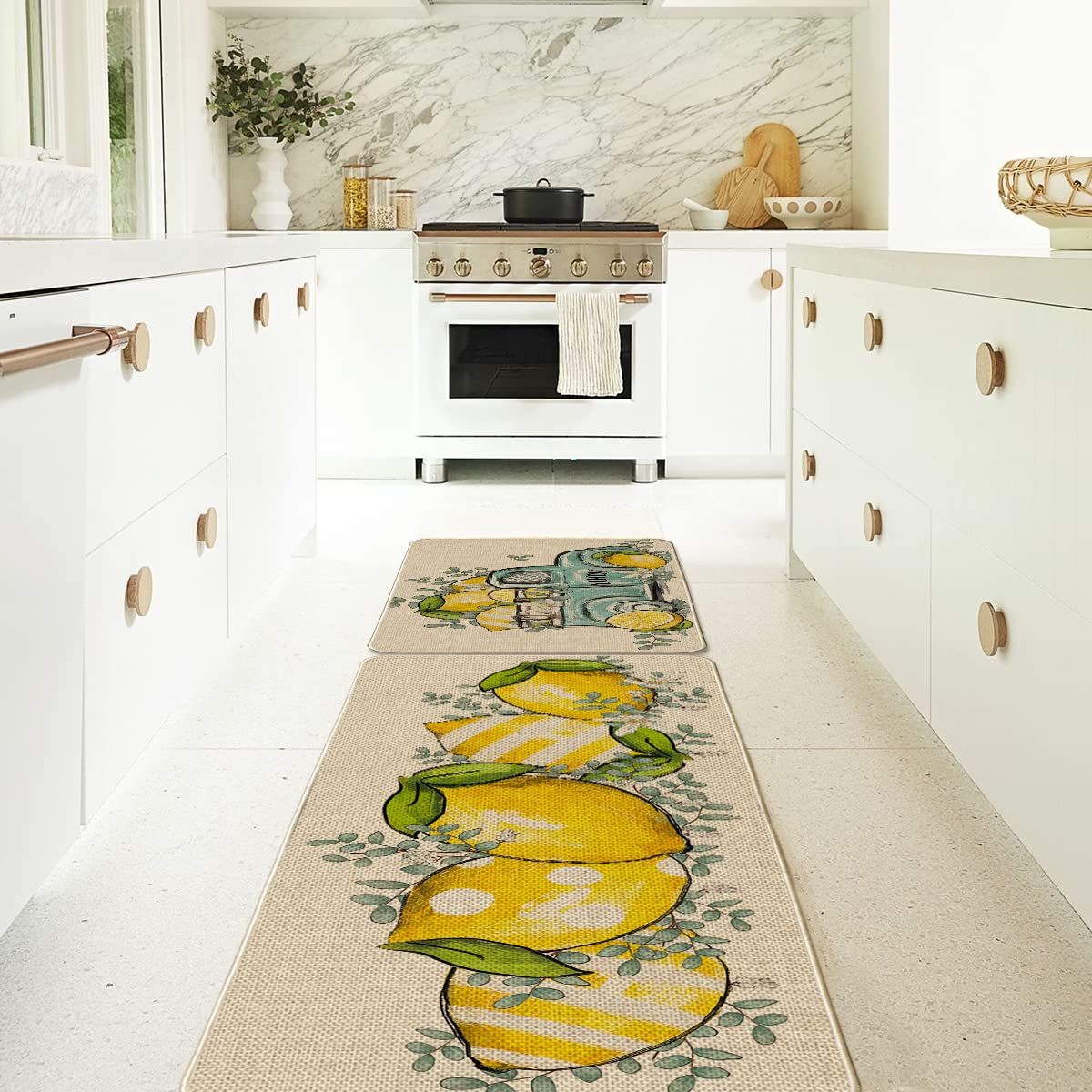 Artoid Mode Eucalyptus Lemon Truck Summer Kitchen Mats Set of 2, Spring Home Decor Low-Profile Kitchen Rugs for Floor - 17x29 and 17x47 Inch