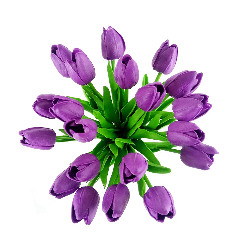 Etycoo 20pcs Artificial Tulip Bouquet Flowers Fake Tulips Floral Decor for Wedding Party Garden Home Kitchen Dining Table Festival Decor (Purple)