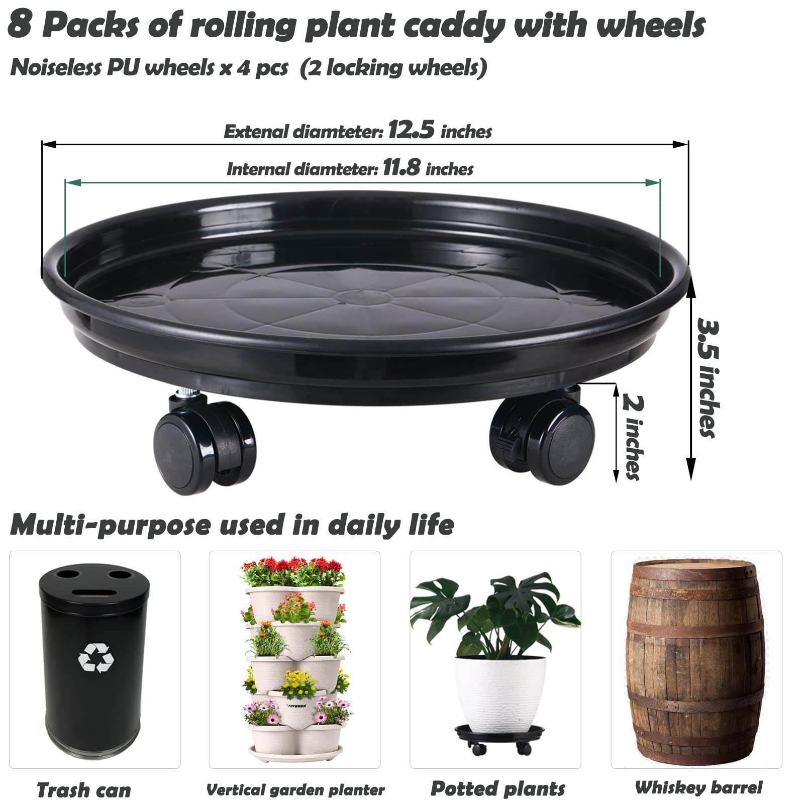 8 Packs Large Plant Caddy with PU Wheels 12" Rolling Plant Stands Heavy-duty Plastic Plant Roller Base Pot Movers Plant Saucers on Wheels Indoor Outdoor Plant Dolly with Casters Planter Tray Coaster