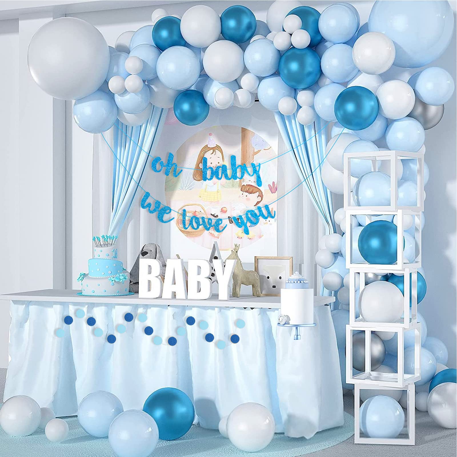 Upgraded,105PCS Gender Reveal Baby Shower Decorations for Boy,Blue and White Birthday Balloons Garland Arch Kit, Oh Baby Birthday Banner, Giltter Dots Birthday Garland+Pump+Complete Accessories