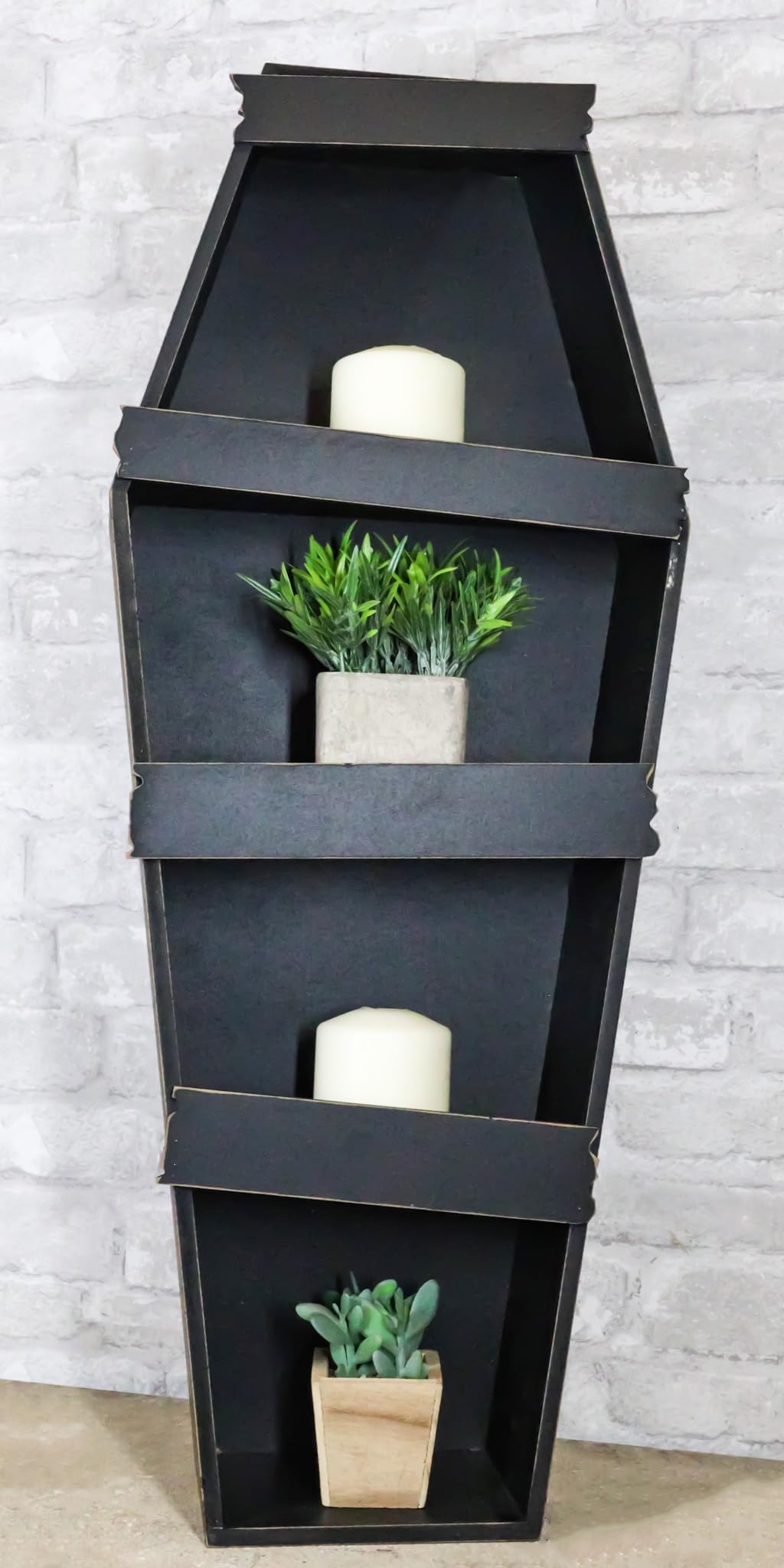 Ebros Gothic Graveyard Creepy Oddity Light Duty Black Coffin Casket Cabinet Shelving Display Wall Hanging Floating MDF Wood Shelf with 4 Tiers 30" Tall 12.5" Wide