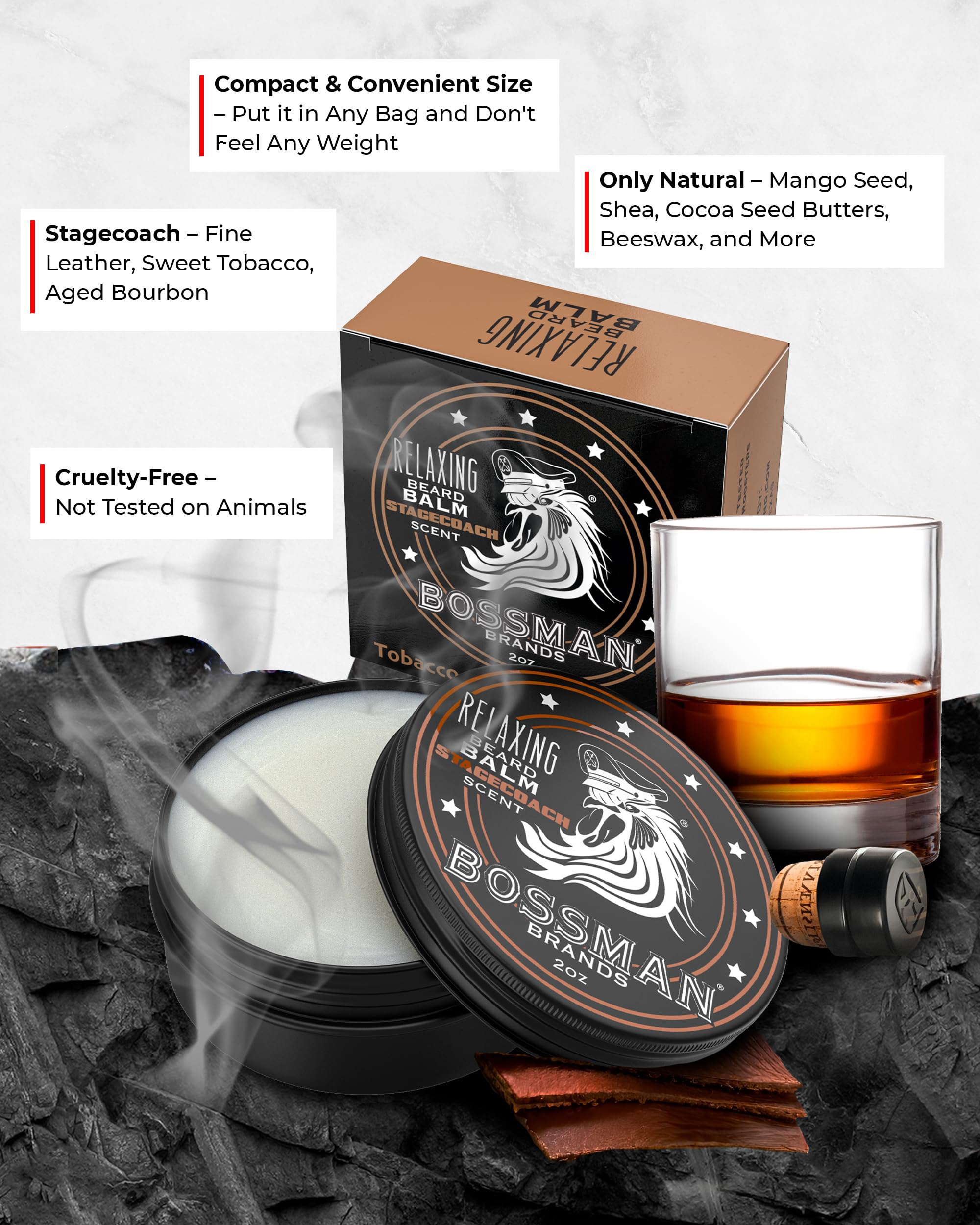 Bossman Relaxing Beard Balm - Beard Tamer, Relaxer, Thickener and Softener Cream - Beard Care Product - Made in USA (Stagecoach Scent)