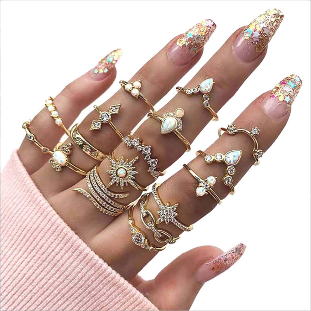 Allbuy Conifor Boho Stackable Rings Women Crystal Kunckle Ring Stacking Rhinestone Joint Mid Finger Rings Set for Women and Girls (A-Gold(17Pcs))
