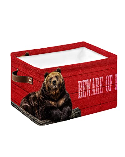Animal Bear Retro Red Farm Wood Grain White White Slogan Cube Storage Organizer Bins with Handles,15x11x9.5 Inch Collapsible Canvas Cloth Fabric Storage Basket,Books Toys Bin Boxes for Shelves,Closet