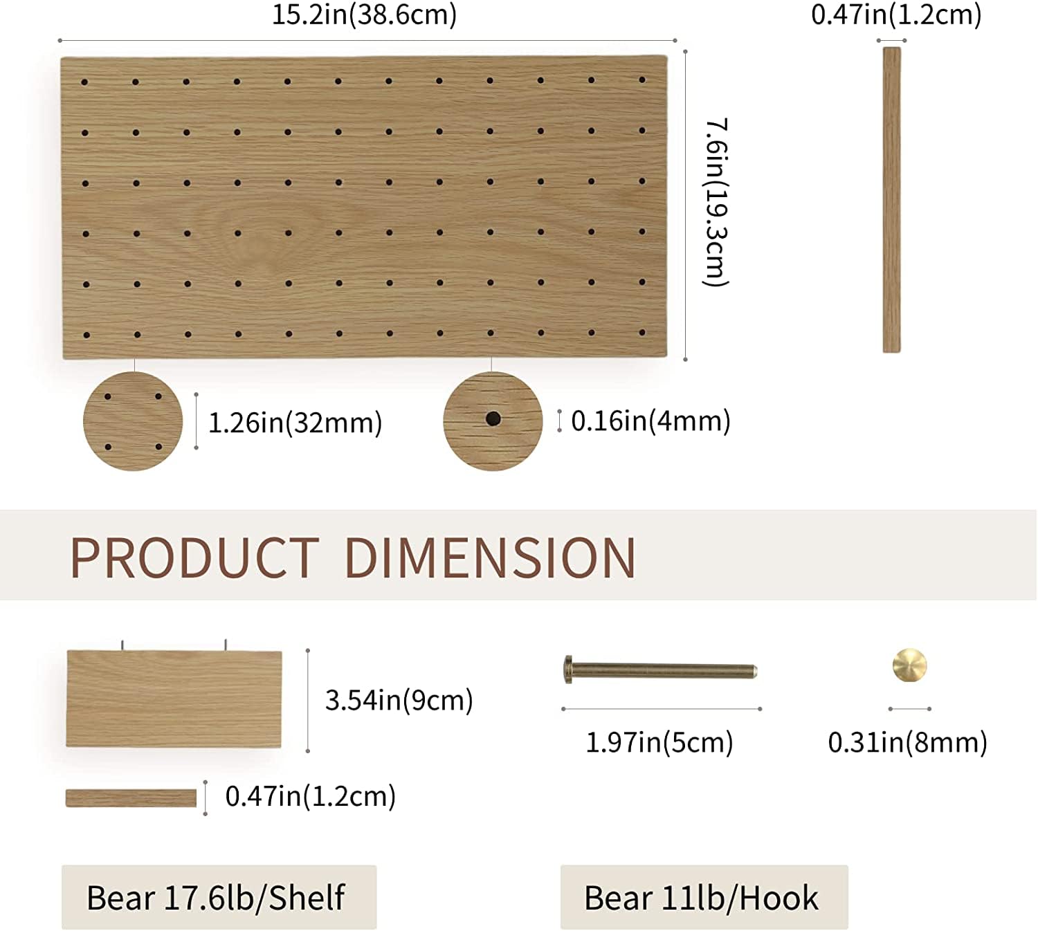 TORWOOD Wooden Pegboard Modular Display, Wall Panel Kit Grid Organizer with Shelves and Hooks, Storage Wall Hooks Shelf, Color: Oak - Comes with 2 Wall Hooks