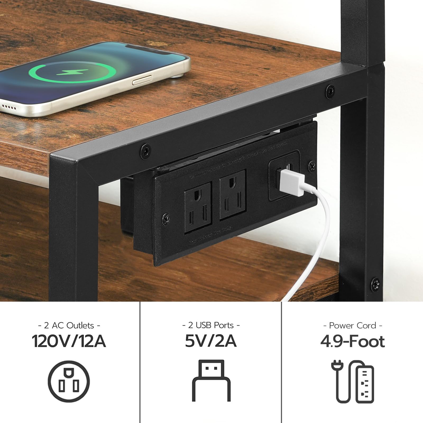 HOOBRO Nightstand with Charging Station, End Table with 3 Drawers and Storage Shelves, Side Table with USB Ports and Outlets, Bedside Table for Bedroom, Rustic Brown and Black BF131UBZ01