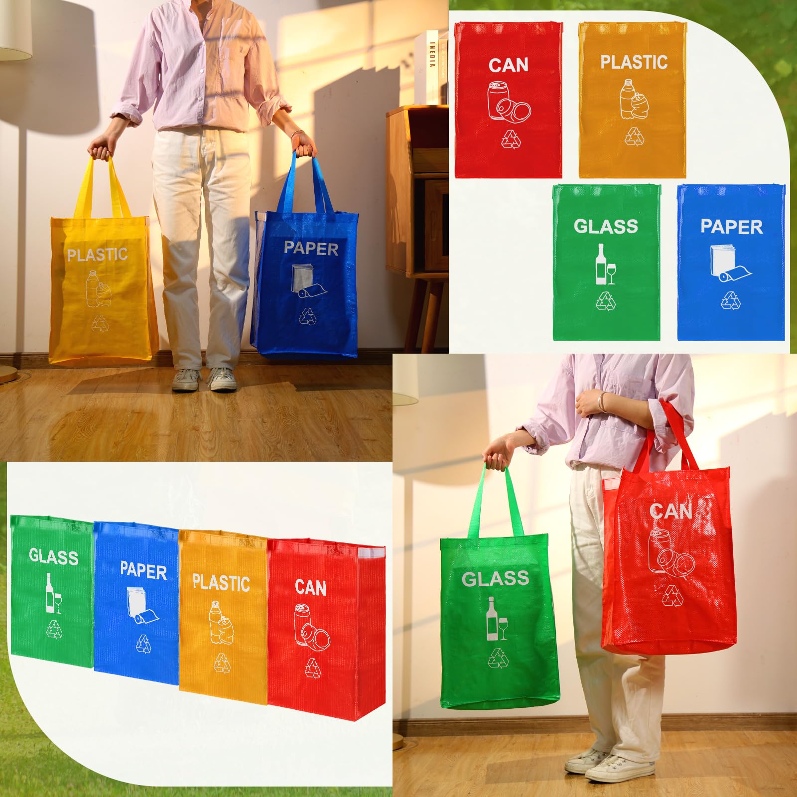 Clysee 4 Pcs Recycling Bin Bags Separate Recycle Bin Waterproof Waste Baskets Recyclable Waste Trash Sorting Organizer for Home Office Kitchen Can, Paper, Plastic and Glass