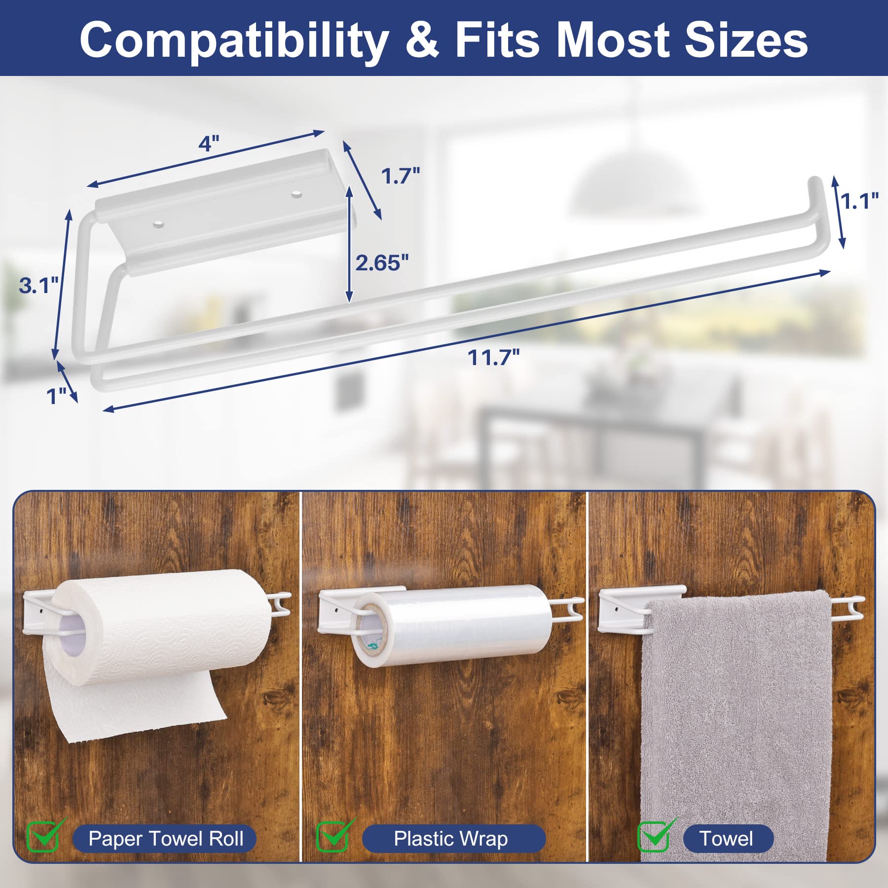 Antimbee Under Cabinet or Wall Mount Paper Towel Holder, 2 Mounting Types Adhesive/Screws, Stainless Steel Paper Towels Rolls Rack with Matte White Finish
