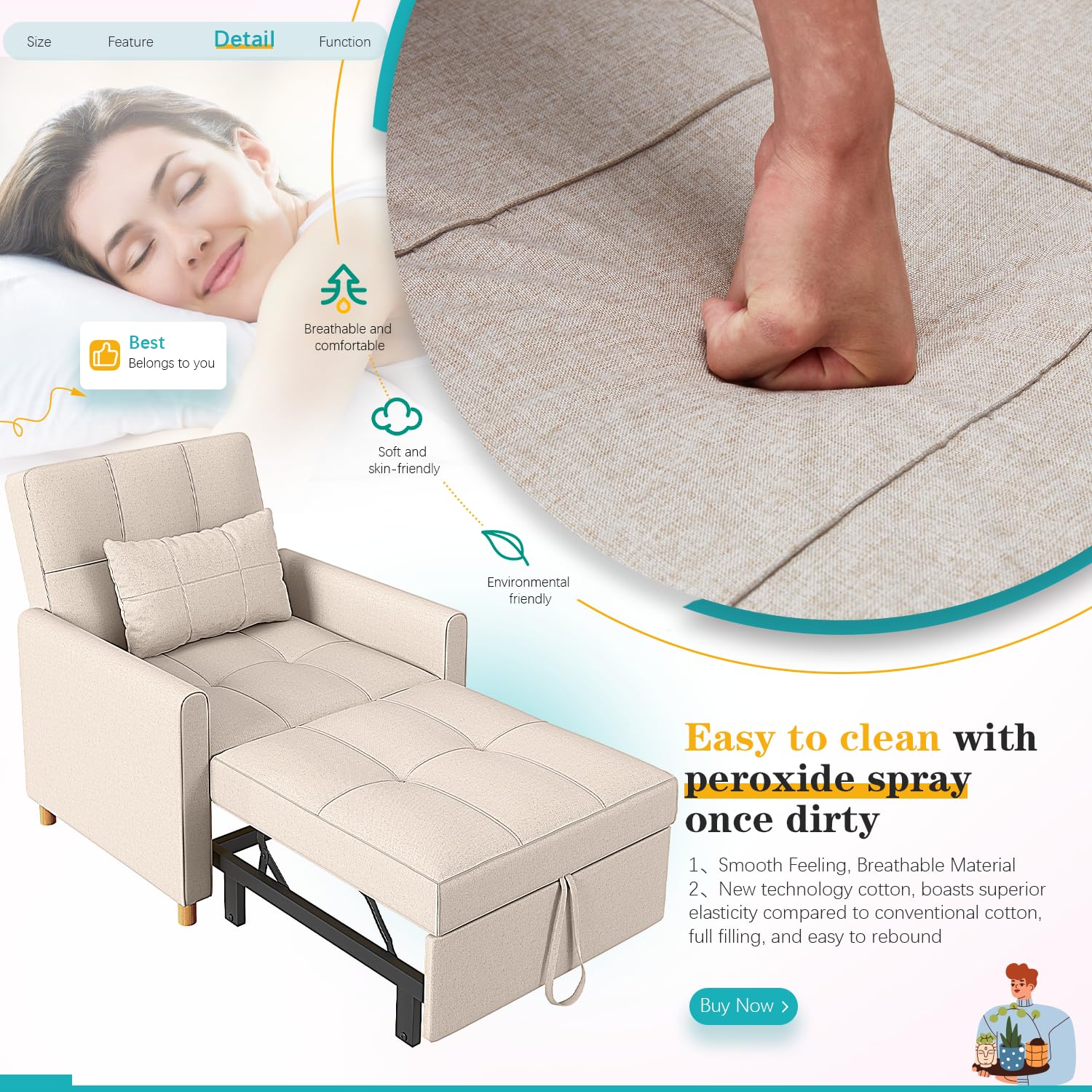 YODOLLA Sleeper Chair, 3 in 1 Chair Bed Sleeper for Adults, Fold Out Sofa Cama with Pillow and Convertible Backrest, Multi-Functional Couch Loveseat Reading Chair for Small Space, Beige