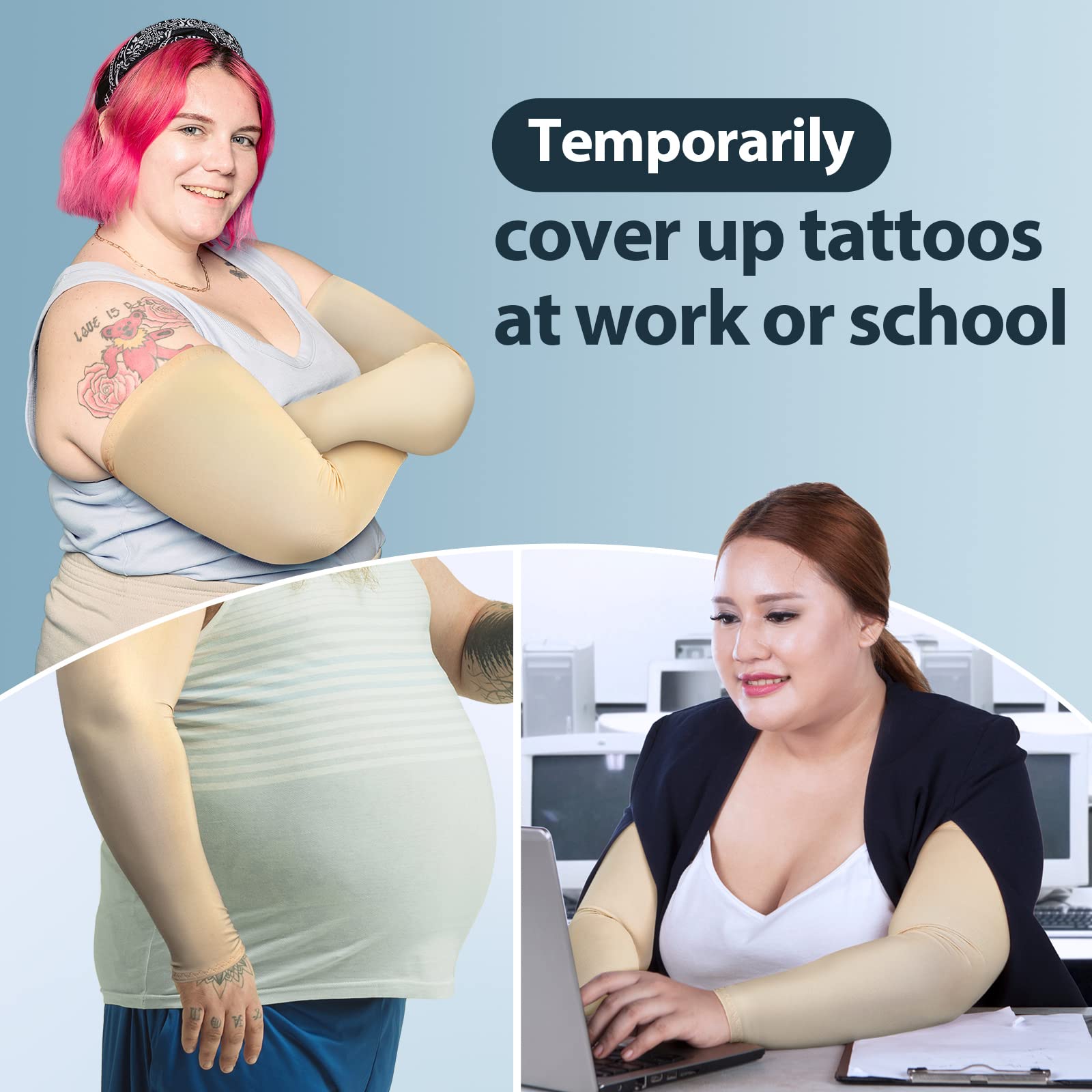 8 Pieces Plus Size Full Arm Sleeves UV Sun Tattoo Arm Sleeve Cooling Arm Compression Covers Tattoo Cover Up for Women Men (Beige)