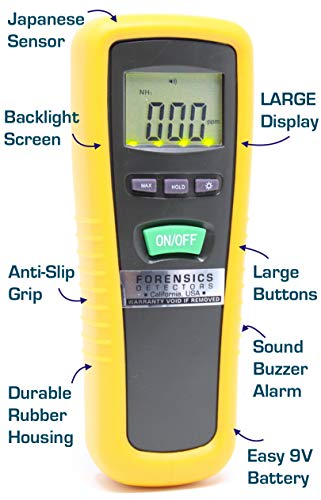 Basic Ammonia Meter by Forensics | 0-100ppm with 1ppm Resolution | Farm, Poultry, Pig & Livestock | Soft Touch Rubber Grip | Large Display & Backlight | Mode: FD-NH3000 | Yellow