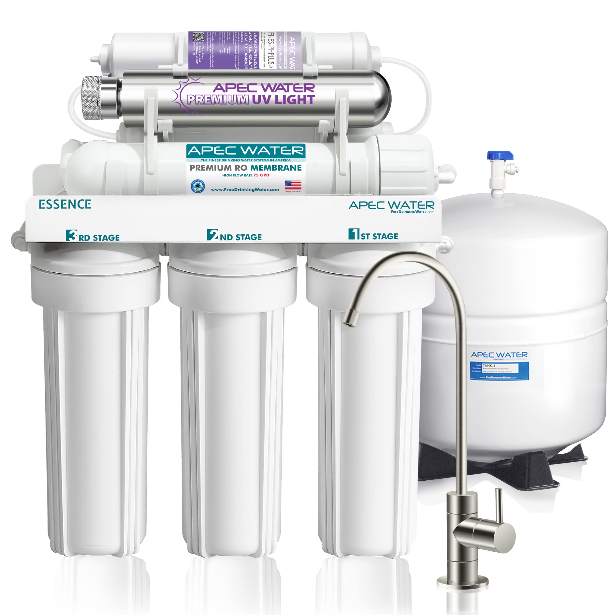 APEC Water Systems ROES-PHUV75 Essence Series Top Tier Alkaline Mineral and Ultra-Violet UV Sterilizer 75 GPD 7-Stage Ultra Safe Reverse Osmosis Drinking Water Filter System