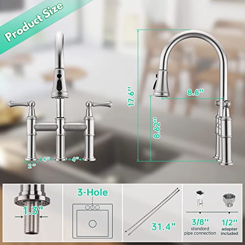 ARRISEA Heritage Bridge Kitchen Faucet with Pull-Down Sprayhead 2 Handle 8 Inch Faucet for Kitchen Sinks 3 Hole Install Kitchen Sink Faucet Fingerprint Resistant Spot Free Brushed Nickel