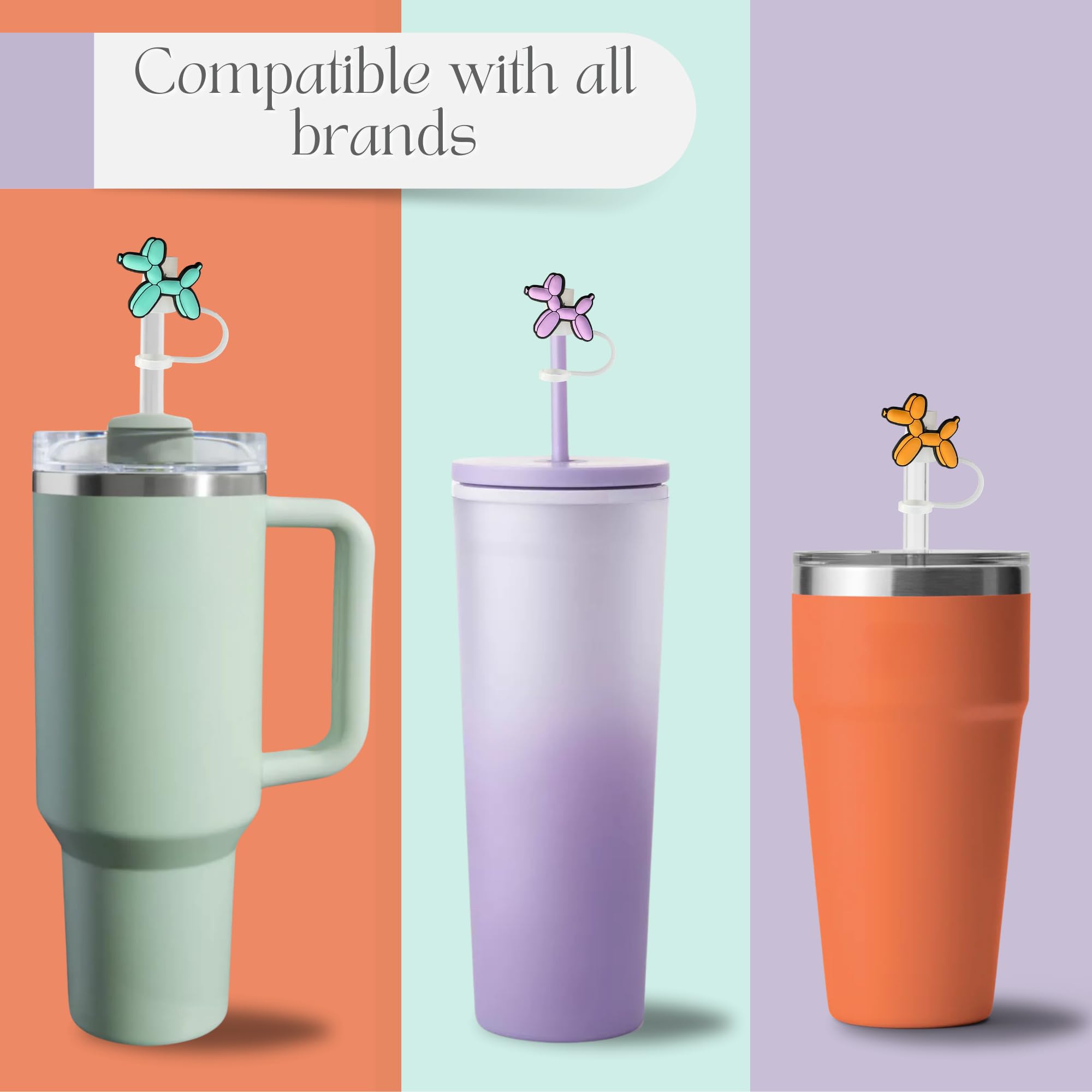 5 PCS Silicone Straw Covers Cap Compatible with Stanley Cup, 10mm Cute Balloon Dog Straw Toppers for Tumblers, Dust-Proof Drinking Straw Caps for Reusable Straws Tips Lids