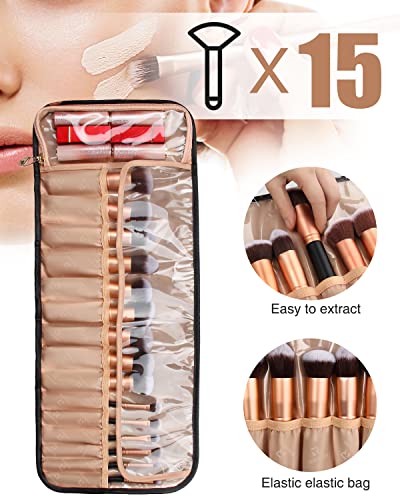 Relavel Makeup Brush Rolling Case Makeup Brush Bag Pouch Holder Cosmetic Bag Organizer Travel Portable Cosmetics Brushes Black Leather Case with Small Clear Bag