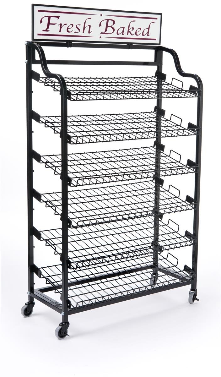 Displays2go Standing Metal Wire Rack with Two Optional Sign Holders, Wire Storage Rack and Wheels, Black (BAKCRT6WBK)