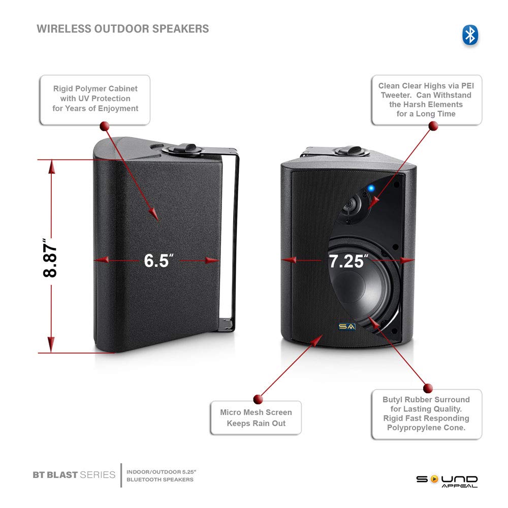 Outdoor Bluetooth Speakers, 5.25" Bluetooth Weatherproof Speakers for Deck Patio Backyard, Pair (Black)