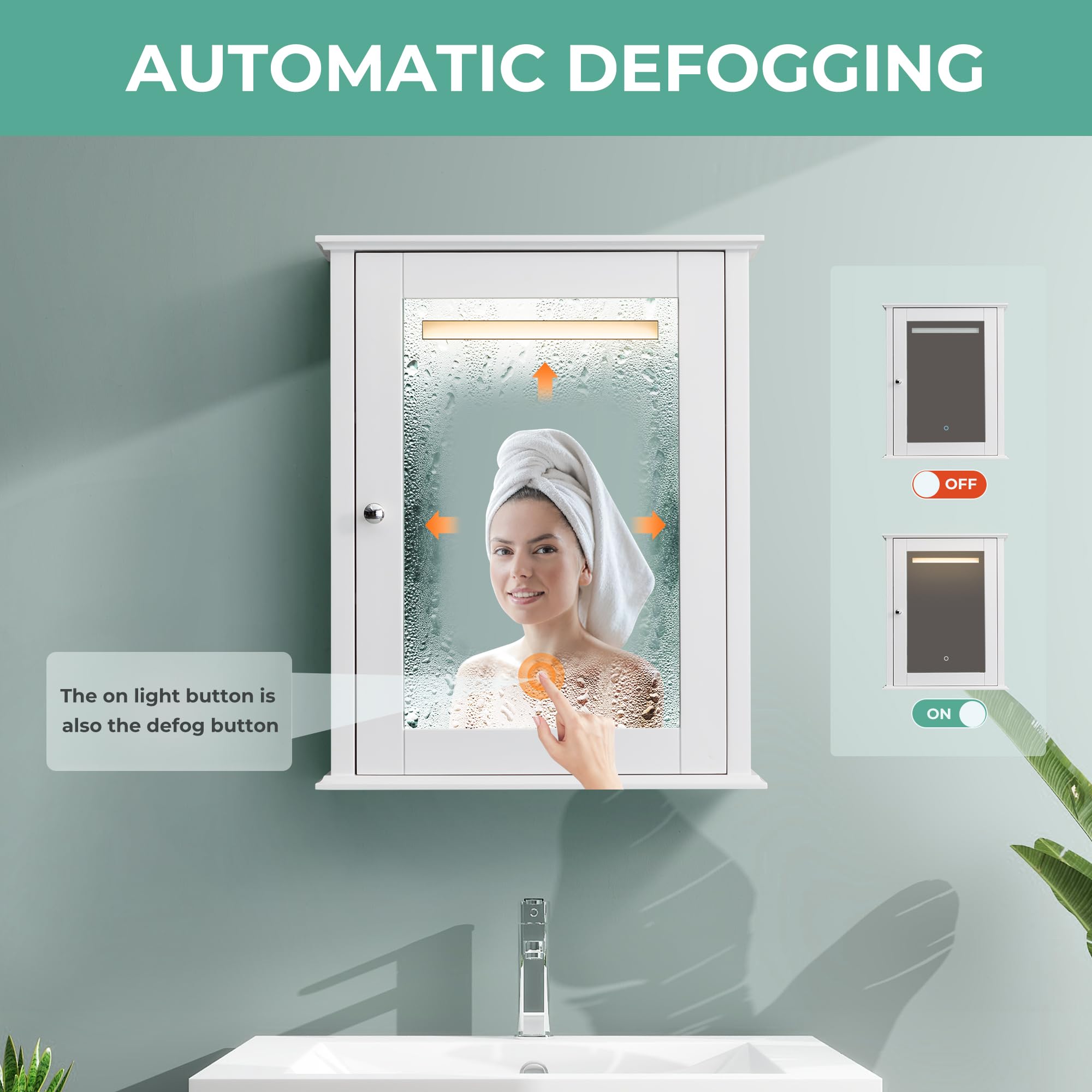 HIGEINE Bathroom Wall Cabinet with Mirror and Light, LED Mirrored Medicine Cabinet, Wall Mounted Storage Cabinet with Mirror and Adjustable Shelf,Fully Assembled