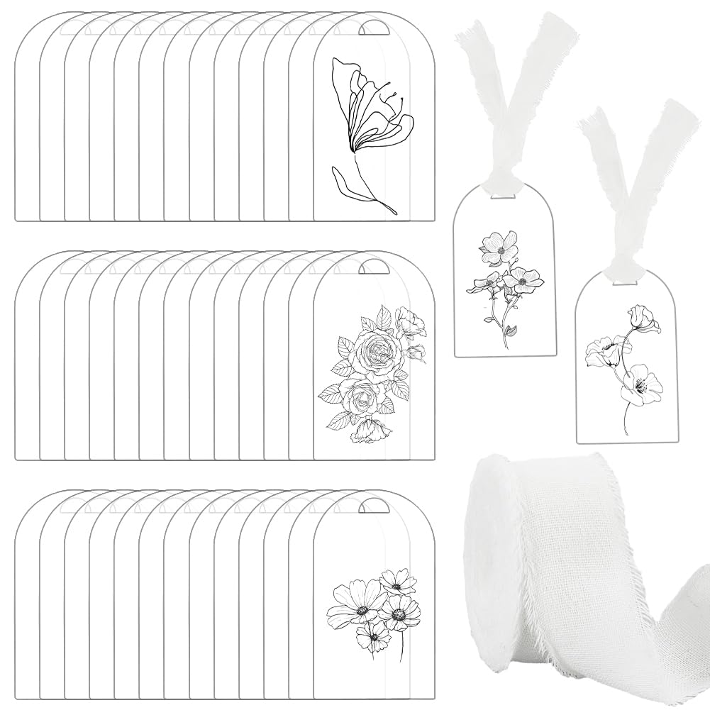 AHANDMAKER 20Pcs Clear Acrylic Place Cards with Ribbon, DIY Clear Blank Acrylic Hanging Sign Names Custom Card Labels for Wedding Chair Name Tags Seat Tags Reserved Signs for Wedding Dinner Parties