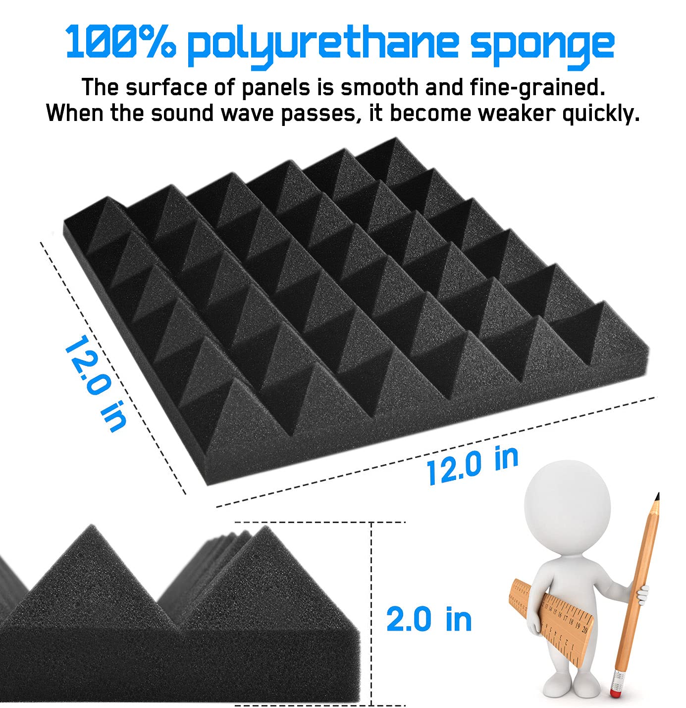Acoustic Foam Panels, 12Pack 2" X 12" X 12" SoundProof Padding Foam Panels, Studio Foam Pyramid Tiles Sound Absorbing Dampening Foam Treatment Wall Panels