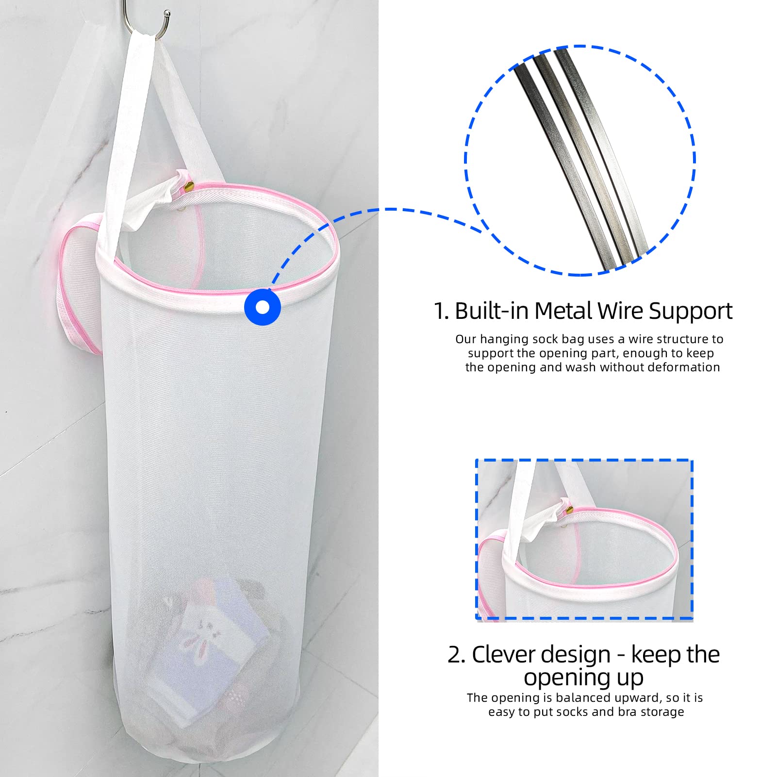 MIFNRO Large Capacity Sock Laundry Bag With Wire Construction Opening Use YKK Zipper Tote Bag Bathroom Hanging Suitable For Underwear, Socks Fine Mesh Laundry Bag 1 Black
