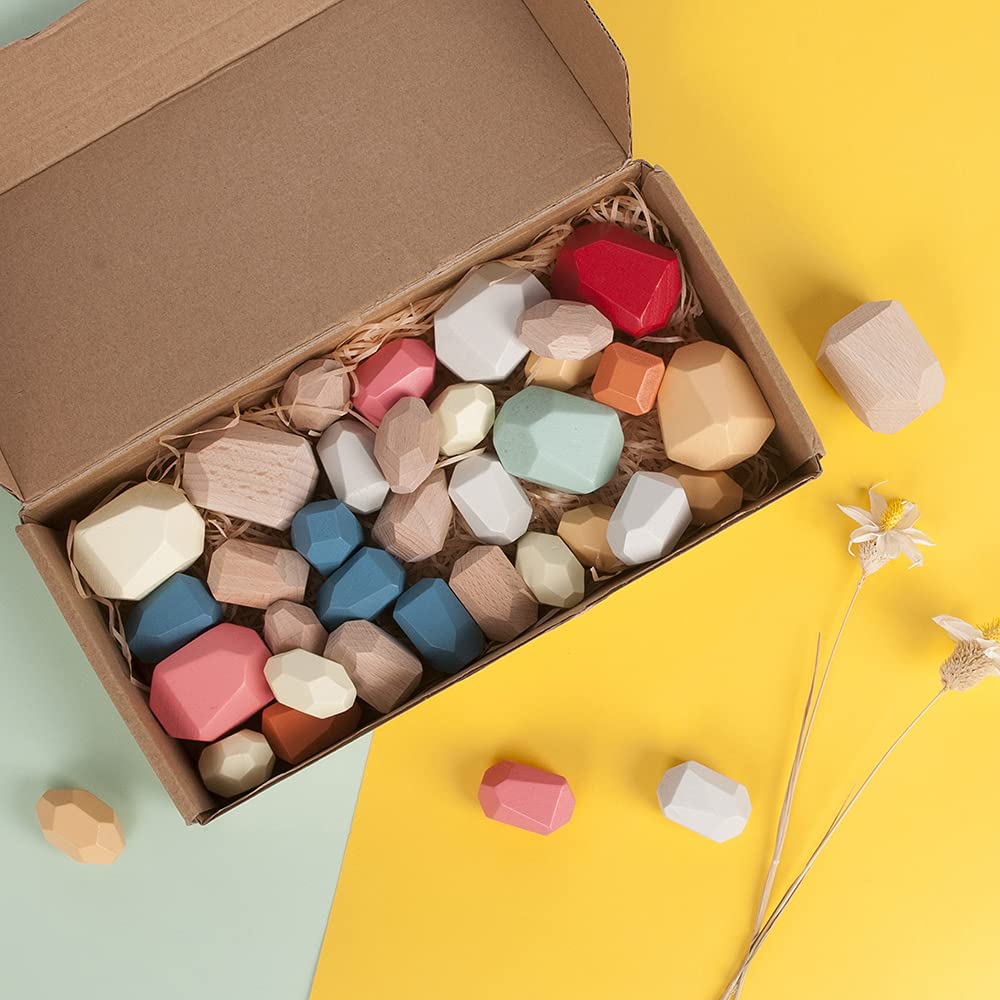 FIMIJORY 36 PCs Kids Balancing Stones,Wood Building Blocks, Sorting Stacking Rocks, Educational Preschool Learning Toys, Lightweight Puzzle Set, Sorting Toys for Kids 3+
