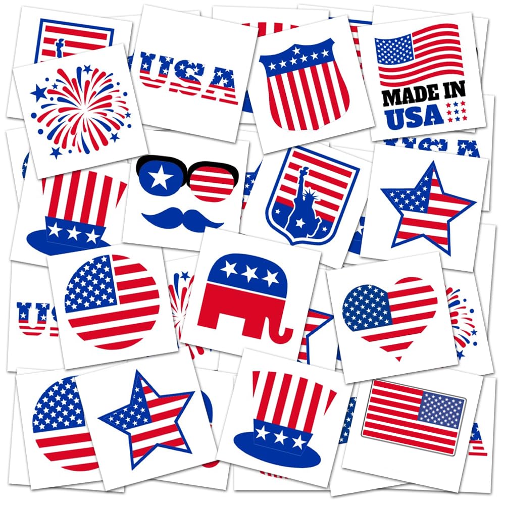 ArtCreativity Patriotic Tattoos for Kids, Bulk Pack of 144, July 4th Party Favors, Non-Toxic 1.5 Inch Temporary Tats, Red, White, and Blue Accessories for Memorial, Veterans Day, Assorted Designs