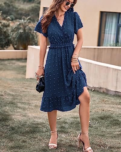 BTFBM Women's Summer Elegant Short Sleeve V Neck Swiss Dot Midi Dresses Cute Boho High Waist Long Dresses A-Line Ruffle Dress(Solid Navy,Large