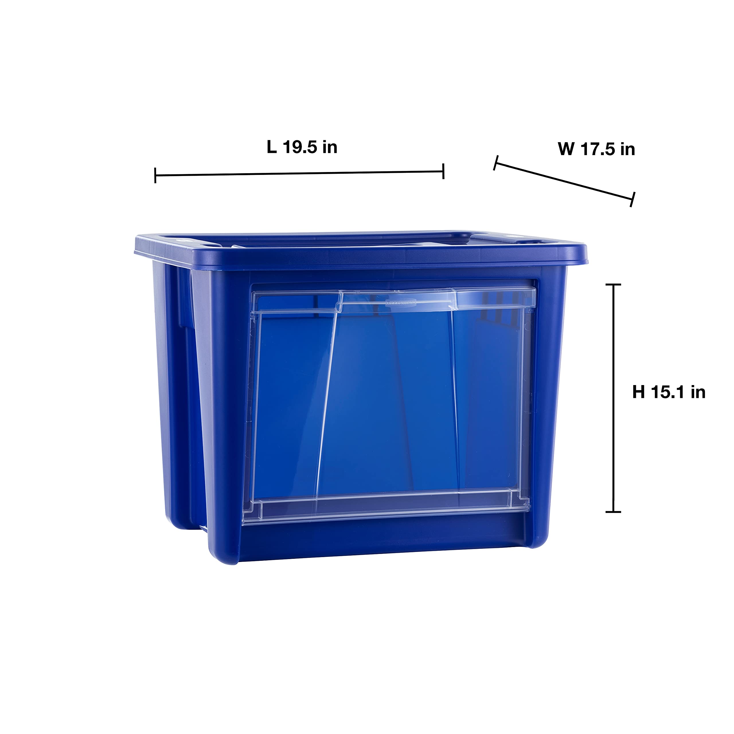 Rubbermaid Medium All-Access Tote with Lids, Pack of 2, Stackable Storage Bins with Clear Drop-Down Door and Carry Handles, Closet Organization Containers, Blazer Blue With Clear Door