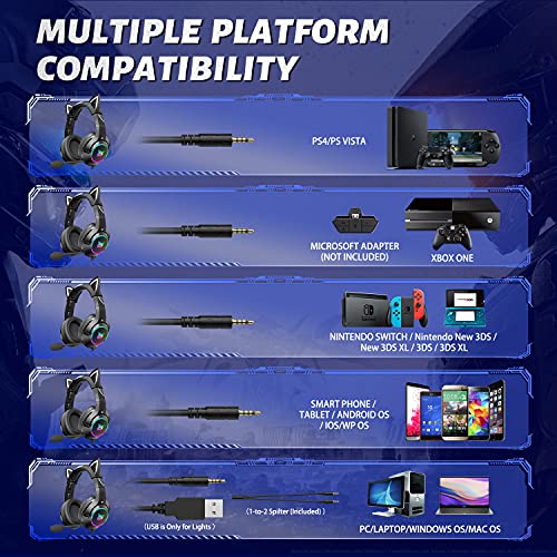 AJIJAR Gaming Headset with Removable Cat Ears, Compatible with PC PS4 PS5 Xbox One(Adapter Not Included) Mobile Phones, with Surround Sound, RGB Backlight & Noise Canceling Retractable Microphone