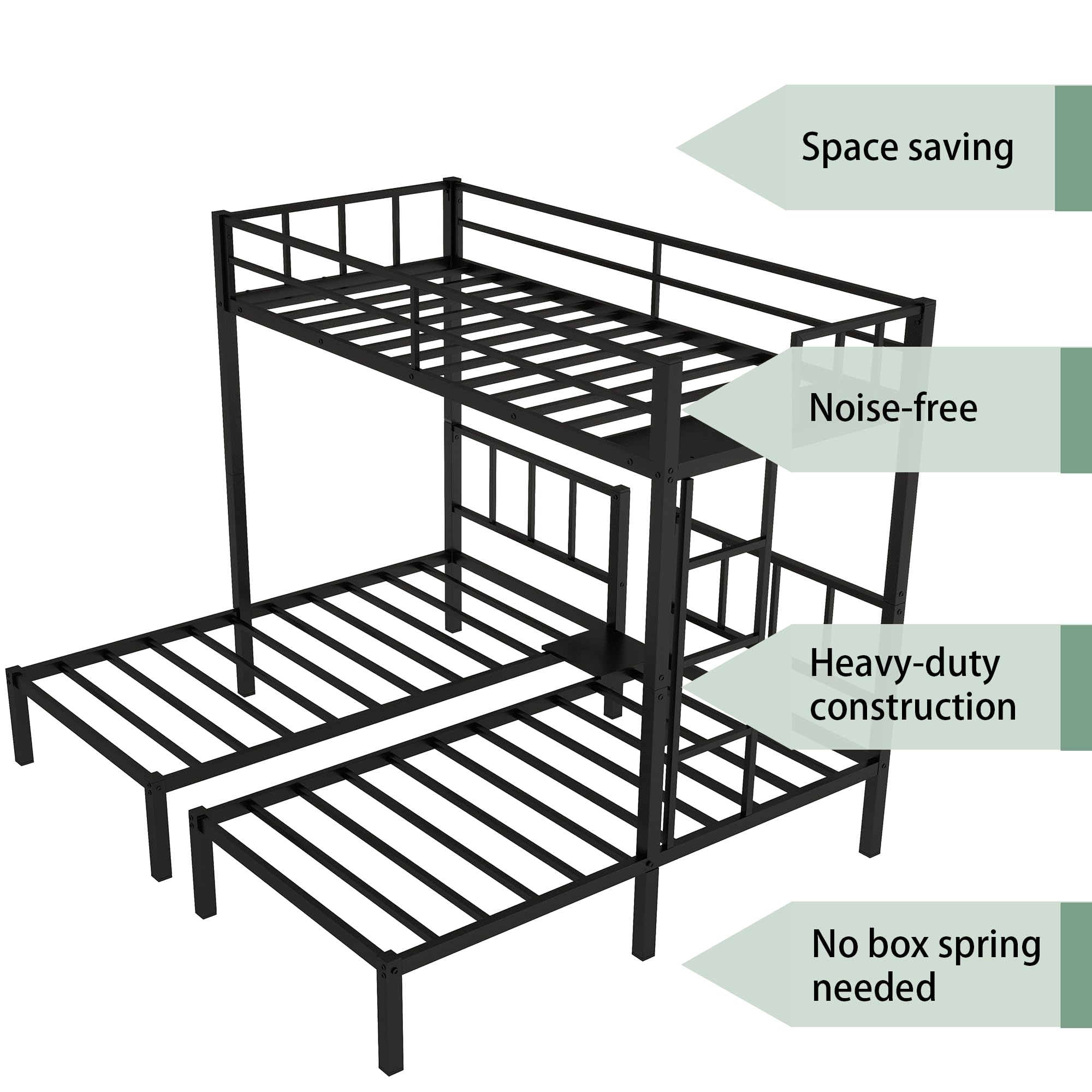 Bellemave Triple Bunk Bed for 3 Metal Twin Over 2 Twin Bunk Bed with Shelf for Kids Boys Girls, Detachable Triple Bunk Bed Can be Divided Into Three Beds, Black