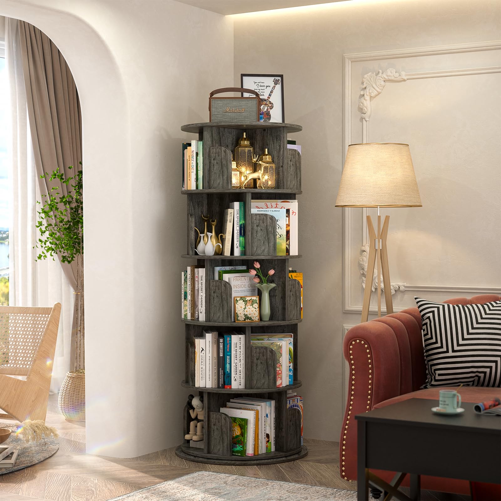 Aheaplus Rotating Bookshelf, 360 Display Wood Spinning Bookshelf Tower, 5 Tier Floor Standing Bookcase Storage Rack, Revolving Bookcase Corner Bookshelf for Small Space, Bedroom, Study Room,Black Oak