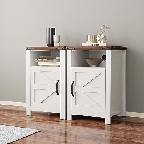 Breezestival Farmhouse Nightstand, End Table with USB and Socket, Wooden Side Table with Barn Door, Set of 2 with Storage Space, Suitable for Bedroom,Living Room, White