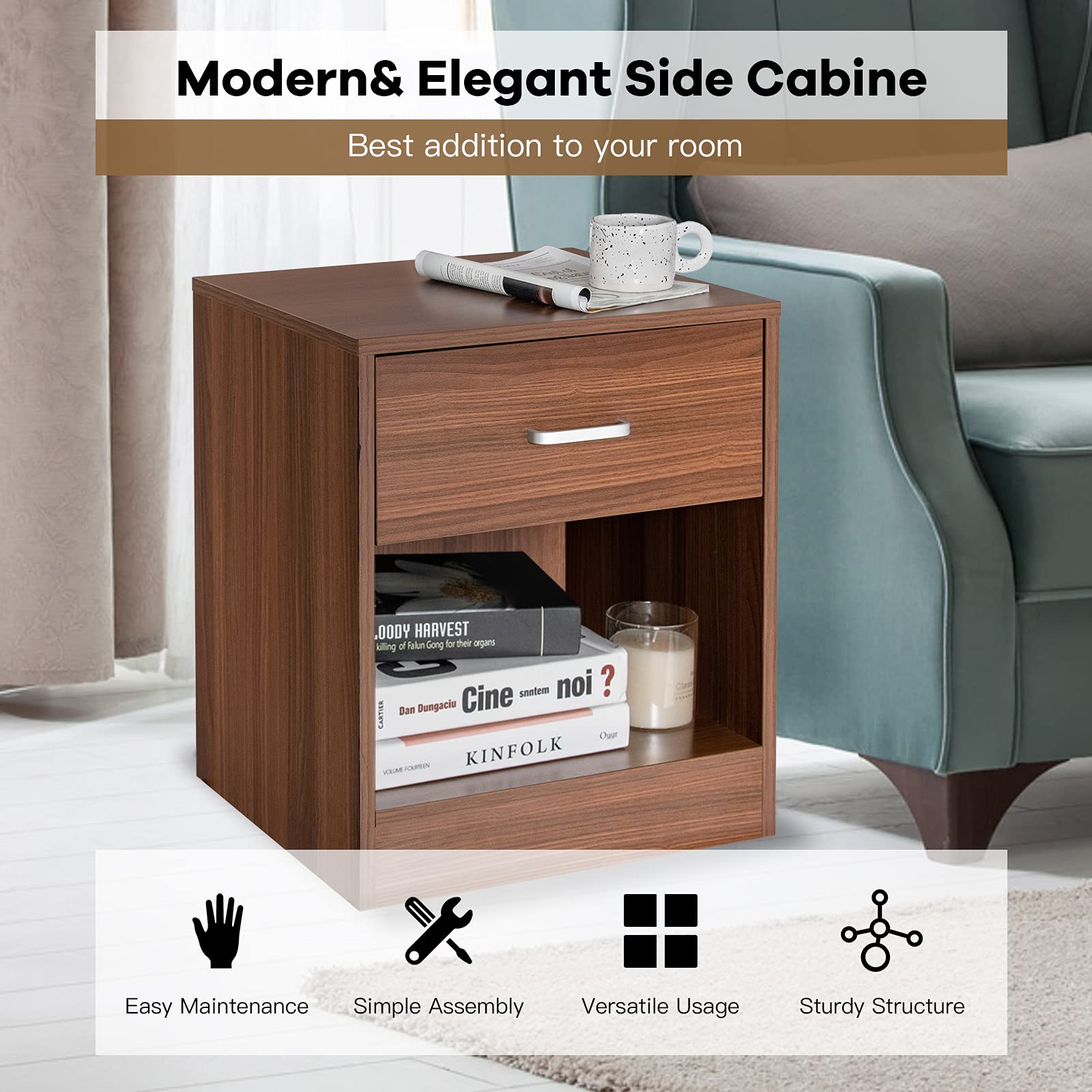 Giantex Walnut Nightstand Set of 2, Farmhouse Bedside Table with Drawer and Open Storage Cabinet, Wood Night Stand, 2-Tier Sofa Side Table for Bedroom Office, Walnut