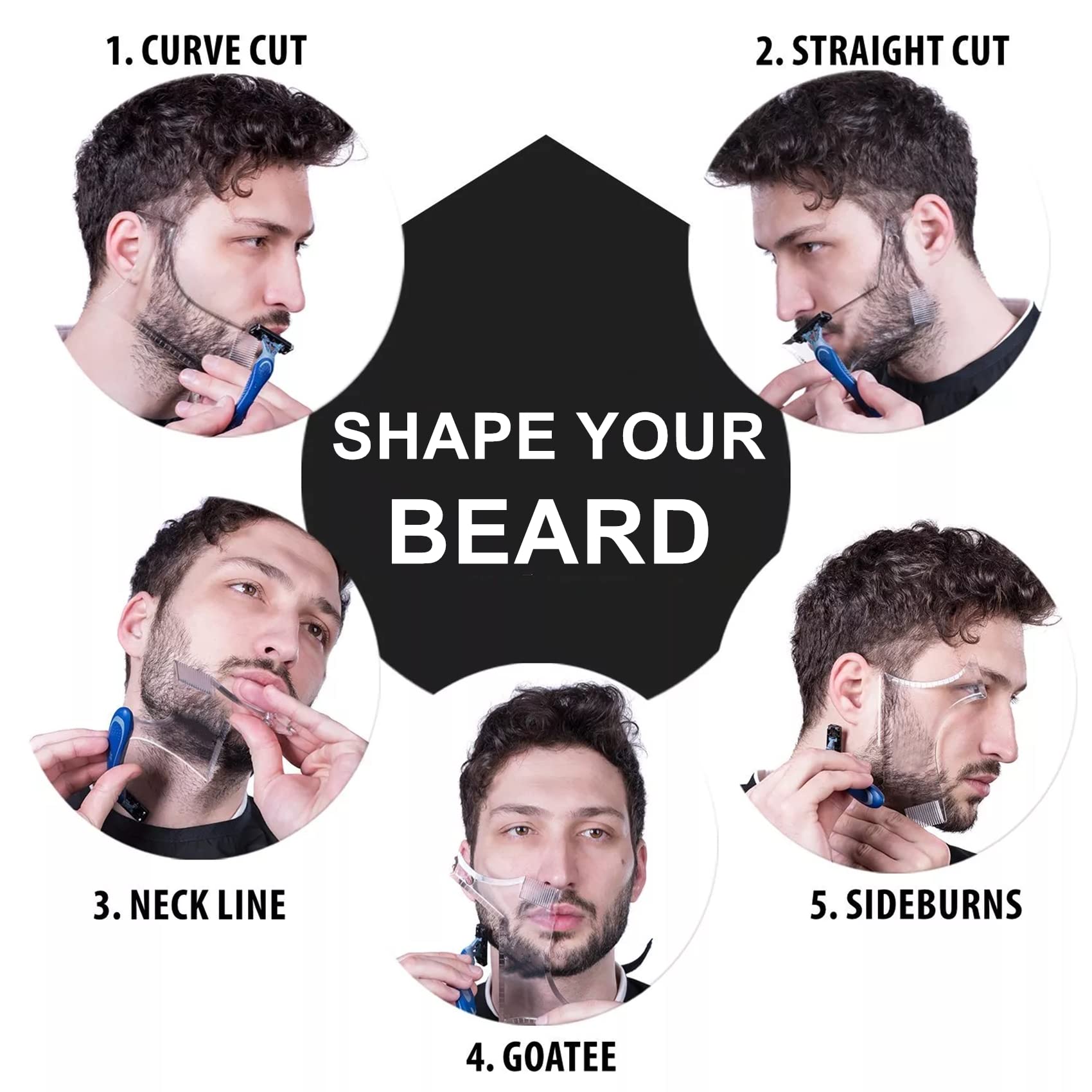 5 Sets Beard Care Grooming Kit/Beard Shaper,Wood Comb with Leather Case,Mustache Scissors,Storage Toiletry Bag,Beard Template for Men Beard Lineup Guide for Shaving