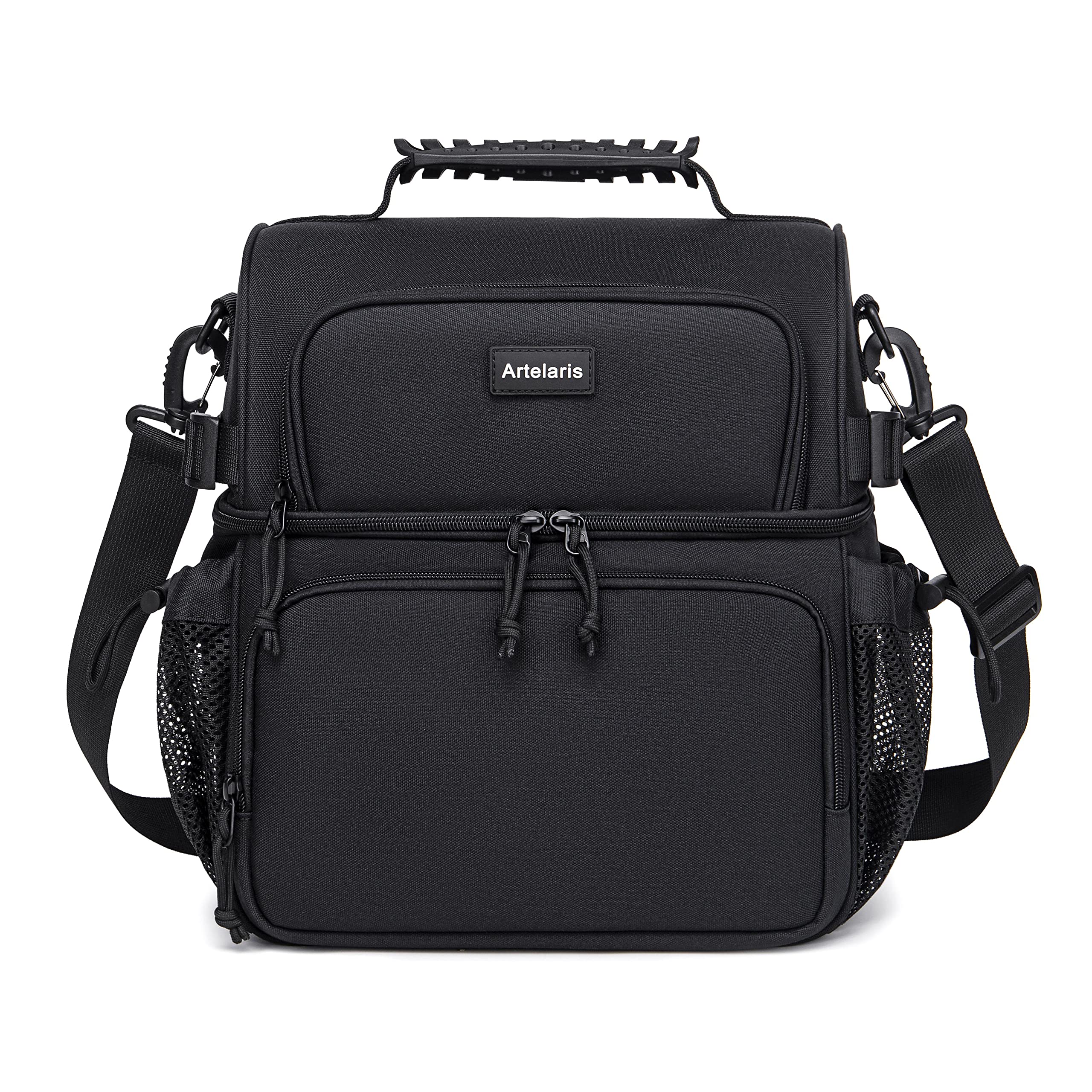 Artelaris Lunch Bag for Men Women, Dual Compartment Insulated Lunch Bag, Large Double Deck Leakproof Cooler Tote Bag with Side Pockets & Shoulder Strap Lunch Box for Picnic Work Camping Fishing