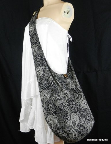 BTP! Thai Cotton Hippie Hobo Sling Crossbody Bag eco Friendly Shopping bag Paisley Print Large (Black PL3)