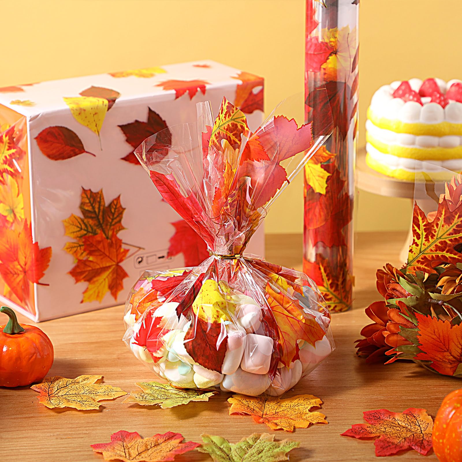 Fall Cellophane Wrapping Paper 100 ft x 16 Inch 2.5 Mil Thick Cello Wrap Roll Crystal Clear Autumn Theme Paper Wrapper Fall Color Maple Leaf Cellophane Gift Wrap for Treat Small Basket Craft Flowers