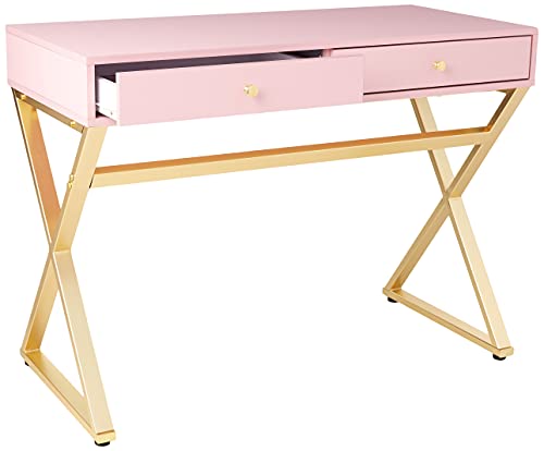 Acme Coleen Wooden Top Writing Desk with 2 Drawers in Pink and Gold