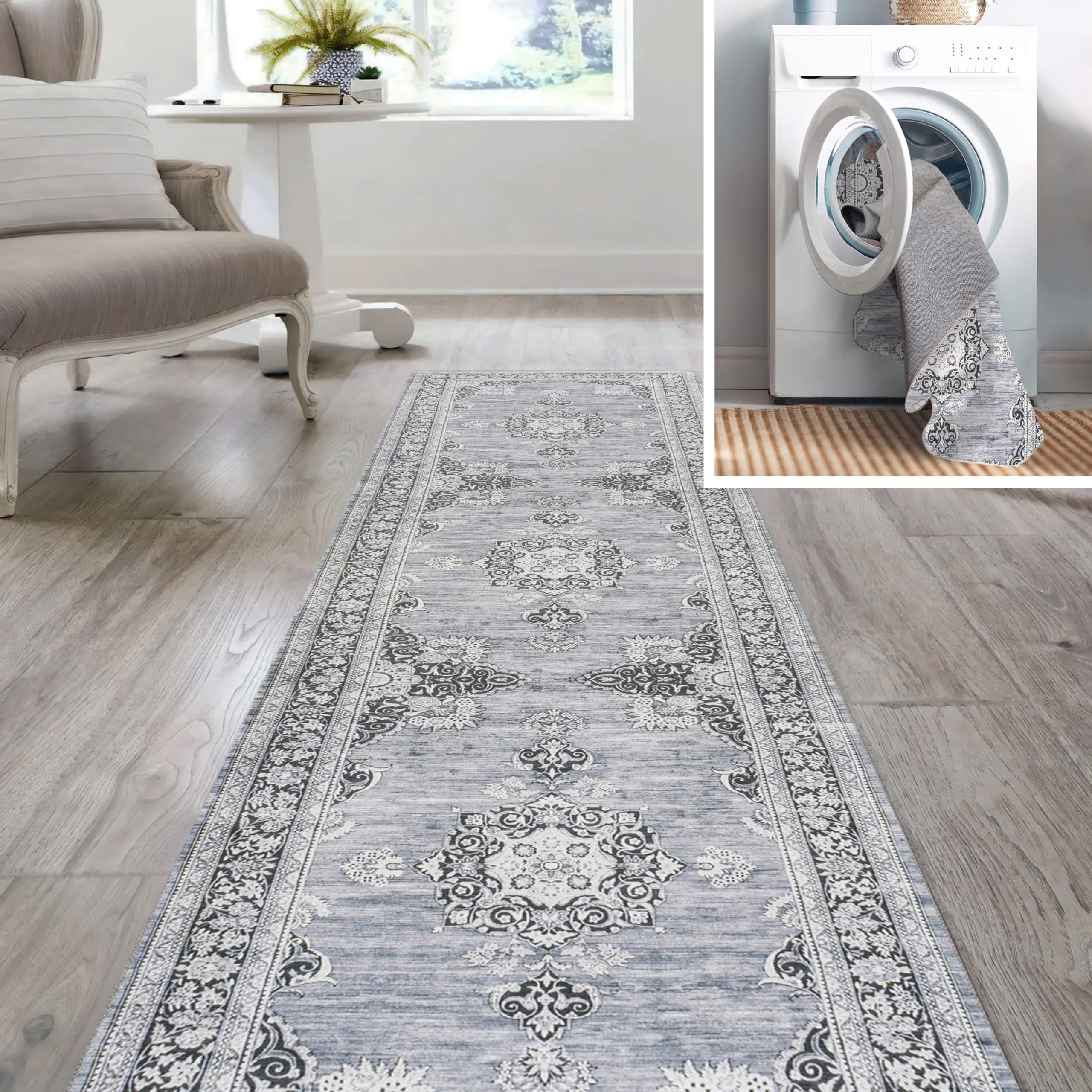 JONATHAN Y WSH201A-28 Bausch Bohemian Distressed Chenille Machine-Washable Runner Rug, Classic, Mediterranean, Rustic for Living Room, Dining Room, Bedroom, Kitchen, Gray/White, 2 X 8