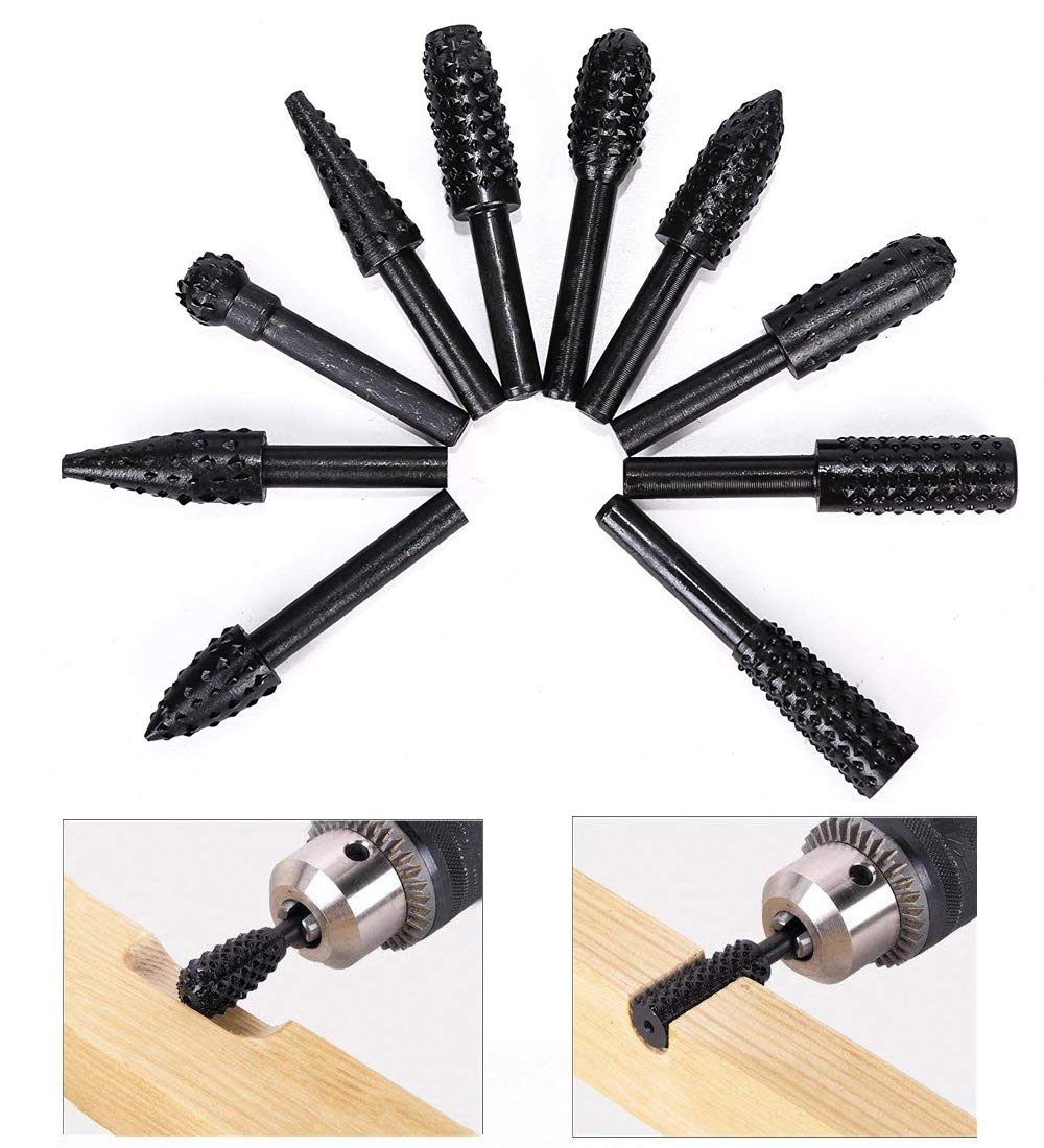 ASNOMY 10PCS Woodworking Twist Drill Bits, Wood Carving File Rasp Drill Bits 6.3mm(1/4") Shank Electrical Tools Woodworking Rasp Chisel Shaped Rotating Embossed Grinding Head with Storage Bag