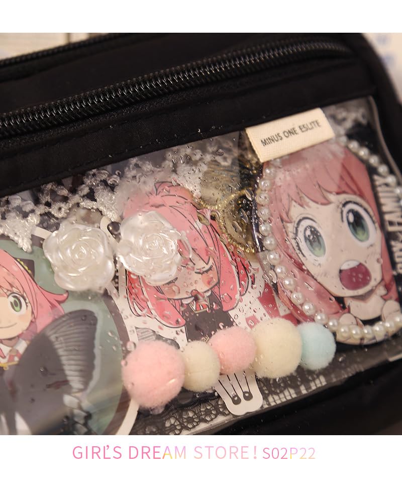 MILLEVIBE ITA Pencil Pouch Anime Display Pen Case Stationery Bag with Clear Insert & Stickers for Teens College Students (Black)